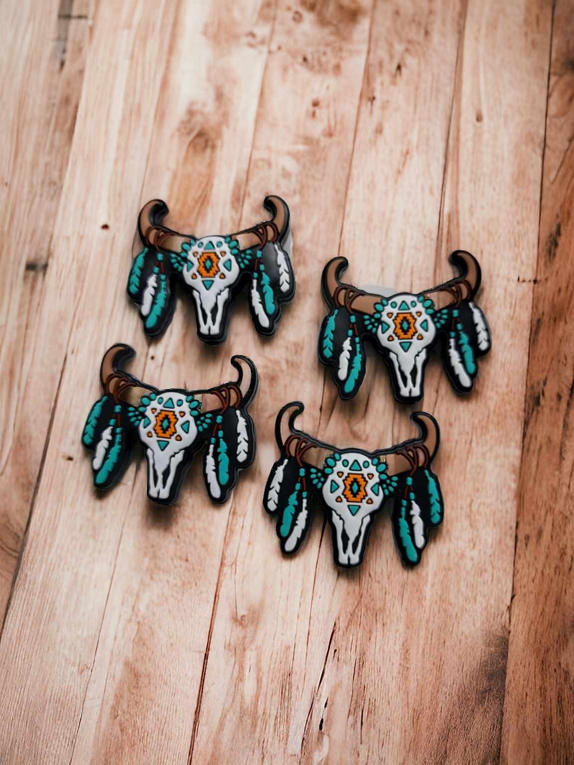 Aztec Bull Skull with Turquoise and Feathers Hanging Silicone Focal Be ...