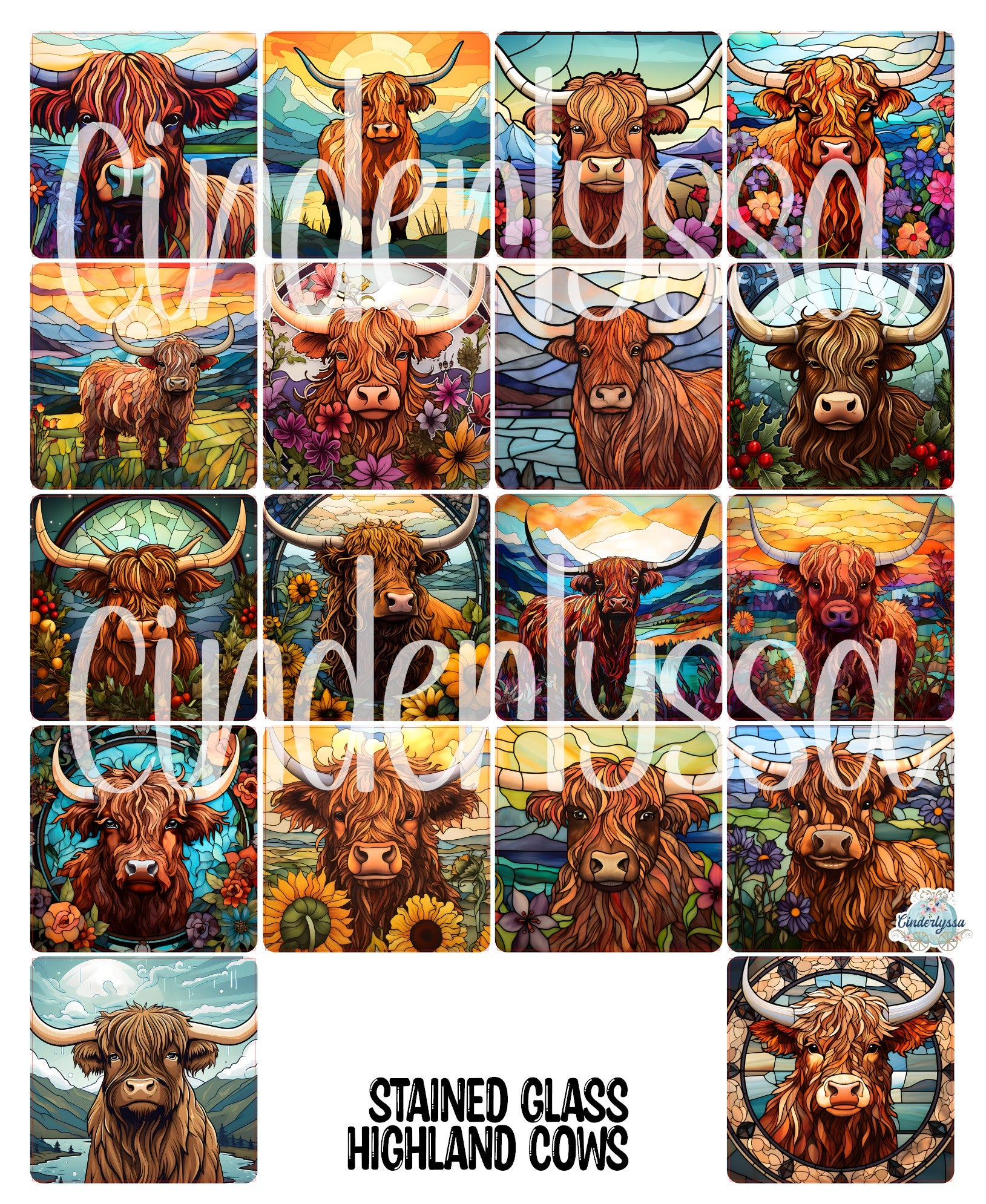 3 inch Square: Stained Glass Highland Cows Cardstock/Picture With Beve ...