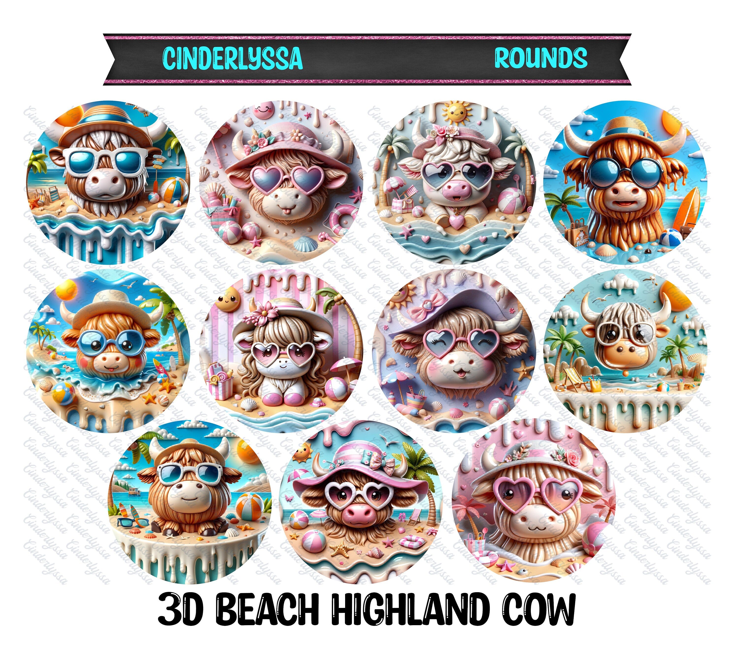 3 inch Round 3D Beach Highland Cow Cardstock Only for freshies-NO MOLD ...