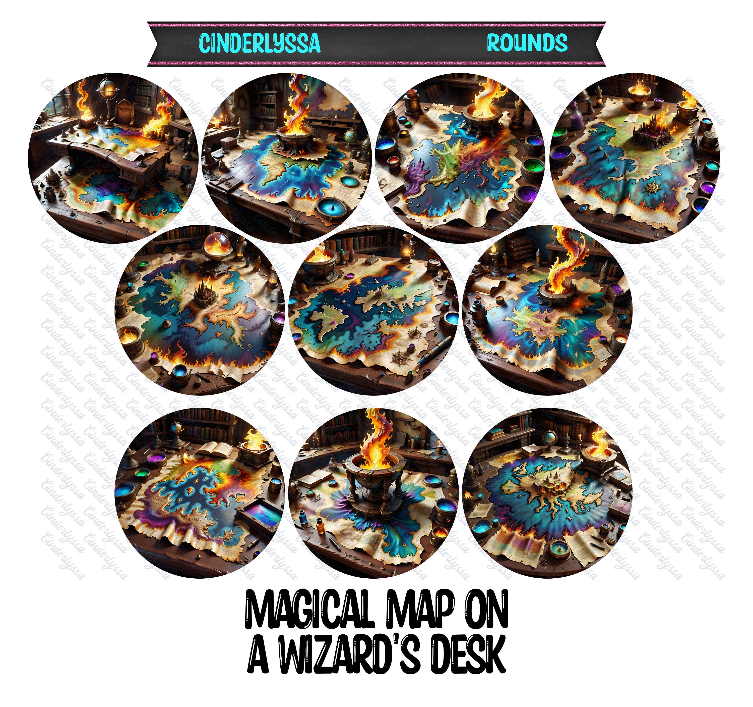 2 inch Round Magical Map on a Wizard's Desk Cardstock Only for freshie ...