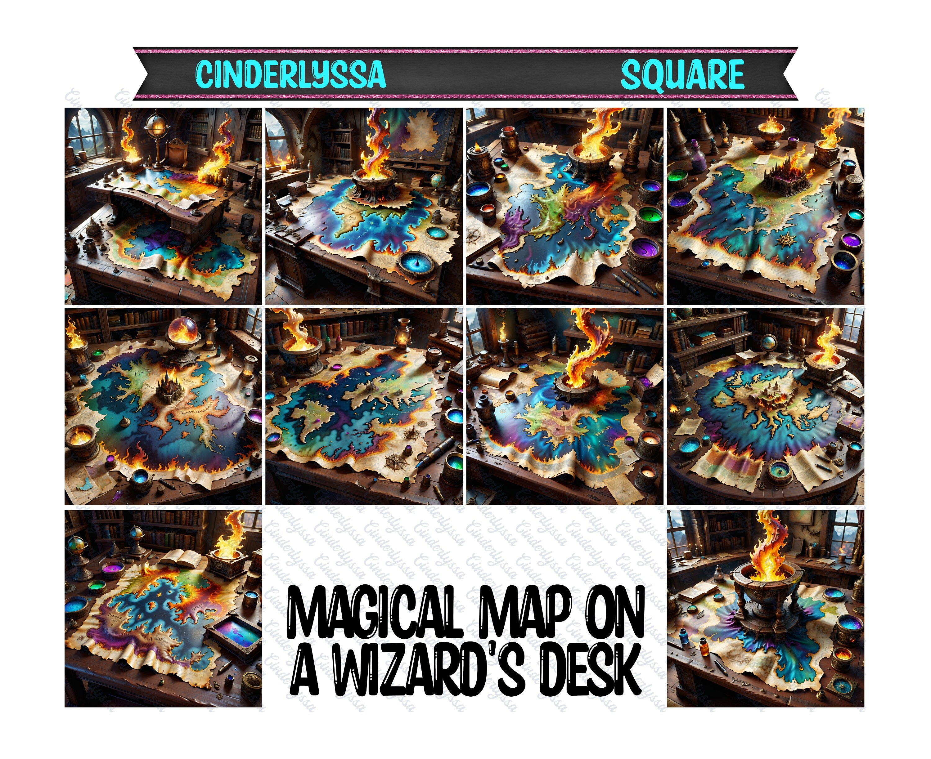 2.5 inch Square Magical Map on a Wizard's Desk Cardstock Only for fres ...